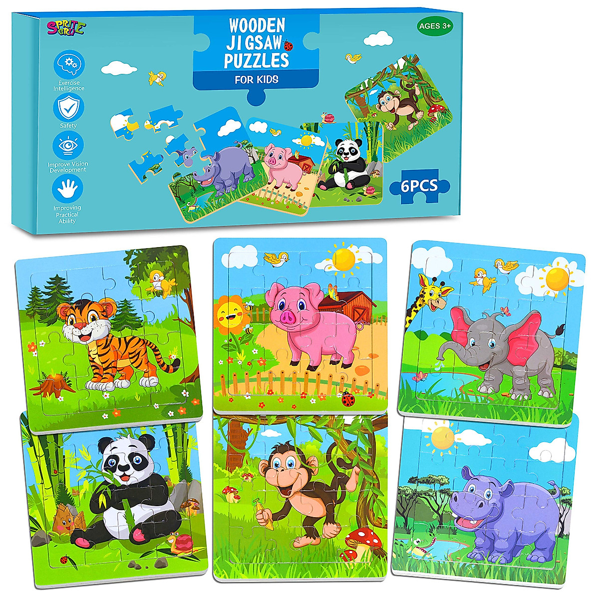 6 Packs Wooden Animals Jigsaw Puzzle, Early Educational Learning Toys Set Preschool Puzzles for 2-5 Years Old Kids