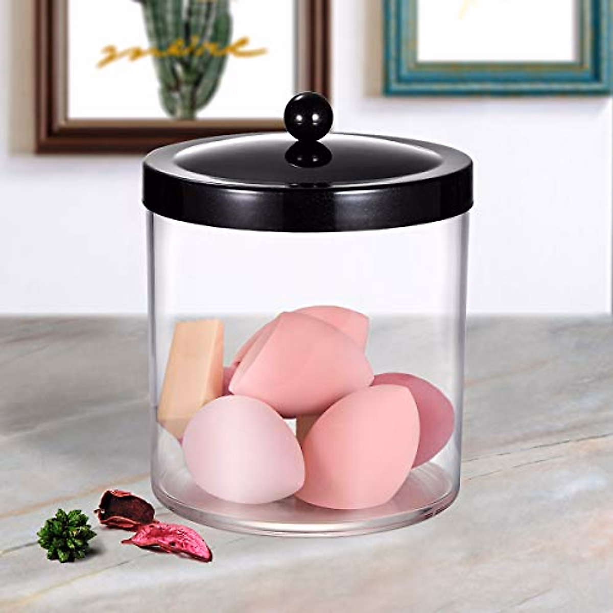 Premium Quality Apothecary Jar - 50 Ounce Large Clear Plastic Storage Container Jar with Rust Proof Stainless Steel Lid, Bathroom Vanity Countertop Storage Organizer Canister (Black)