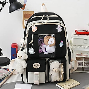 LIK EPOCH Kawaii Backpack 5Pcs Set Aesthetic Backpack 17in Preppy Backpacks with Badge&Pendant,Shoulder Bag,Pencil Box,Tote Bag,Lucky Bag(Black)