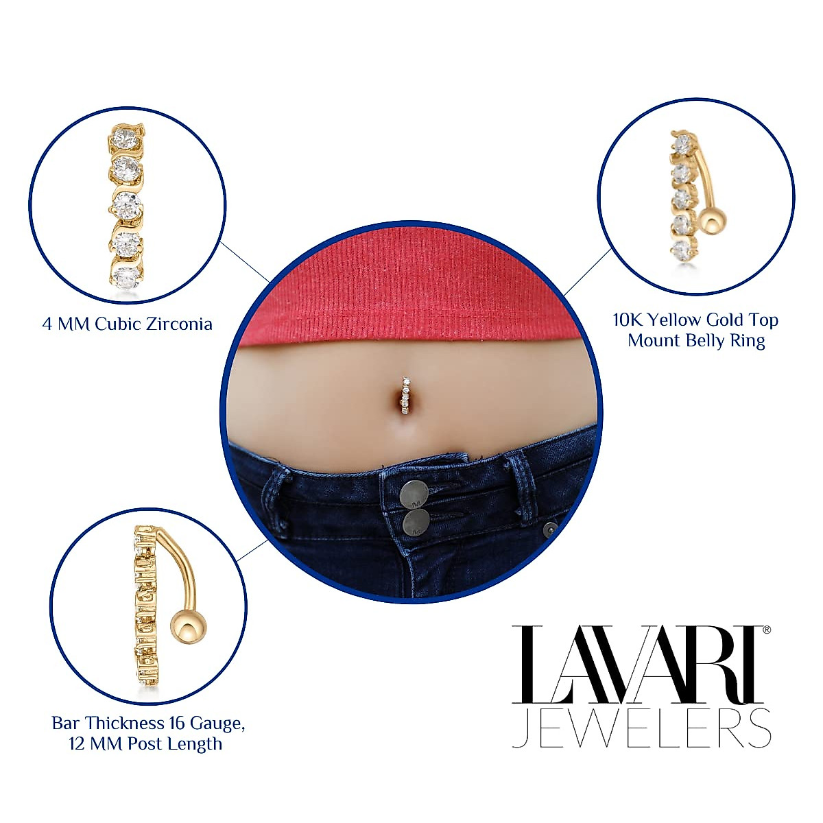 Lavari Jewelers 16 Gauge Top Mount Belly Ring for Women in 10k Yellow Gold with Cubic Zirconia 12 mm Post Length