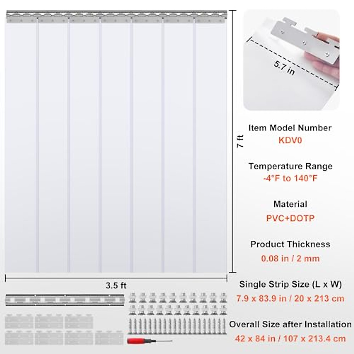 VEVOR Strip Curtain, 84" Height x 42" Width, 0.08" Thickness, 7PCS Clear PVC Strip Door Curtain, Freezer Curtain, Plastic Door Strips for Walk in Freezers, Coolers & Warehouse Doors, with 50% Overlap