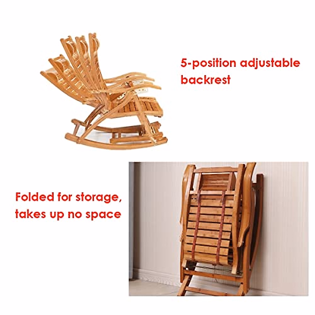 LEIYTFE Wood Recliner Folding Relaxing Chair with Footrest,Comfy Rocking Armchair with Upholstered,Comfy Glider Rocker Chair for Balcony Patio,Adjustable Back (Color : Brown)