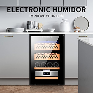 CIGARLOONG 1.8 Cu.Ft Electronic Cooler Humidor, 200 Capacity Temperature & Humidity Control Black Cabinet with Cedar Shelves For Home Office and Bar