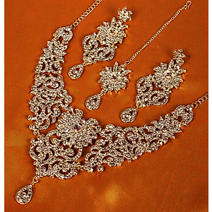 Touchstone Indian Bollywood Traditional Royal Look Attractive Filigree Carving Rhinestone Grand Bridal Designer Jewelry Necklace Set for Women