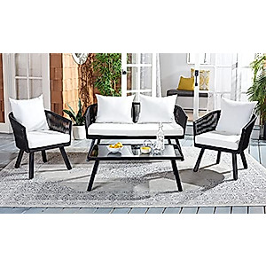 Safavieh Outdoor Collection Belmi Wicker Cushion 4-Piece Rope Patio Backyard Living Set PAT7517B, Black/Beige