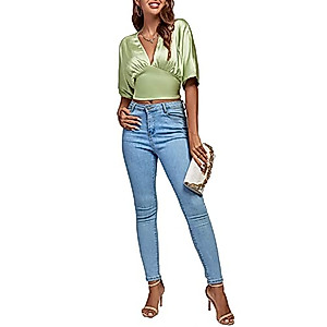 LYANER Women's Satin Deep V Neck Ruched Blouse Shirred Back Batwing Short Sleeve Crop Top Light Green X-Large