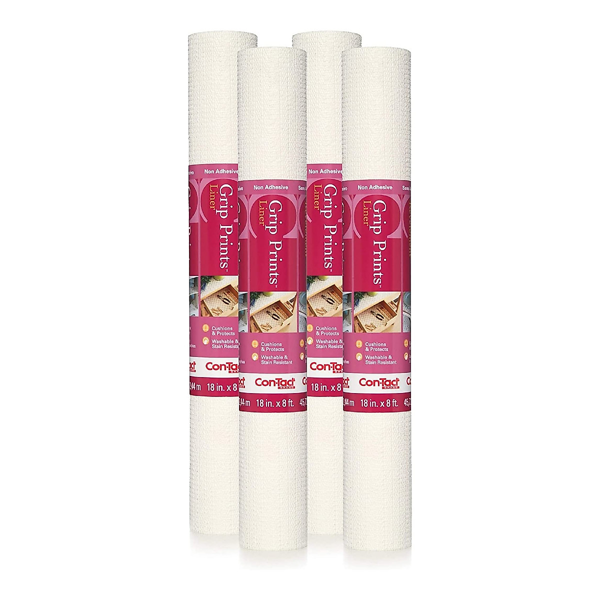 Con-Tact Brand Grip Prints Shelf Liner, Durable and Non-Adhesive Liners, Non-Slip Drawer and Cabinet Liner, 18" x 8', White, Pack of 4 Rolls