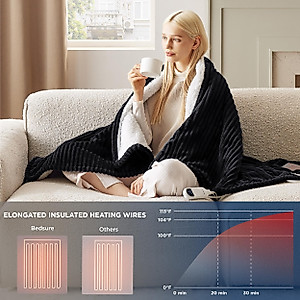 Bedsure Electric Blanket Heated Throw - Soft Ribbed Flannel Heated Blanket, Fast Heating Electric Throw with 6 Heating Levels & 4 Time Settings, 3 Hours Auto-Off (50x60 inches, Black)