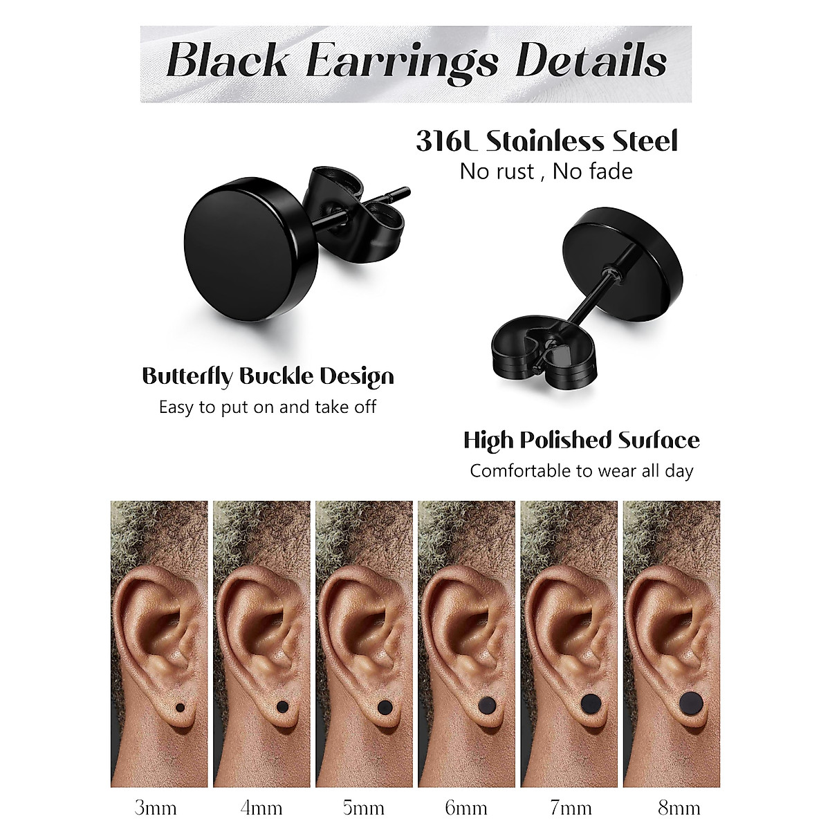 FIBO STEEL Stainless Steel Black Stud Earrings for Men Women, 8mm