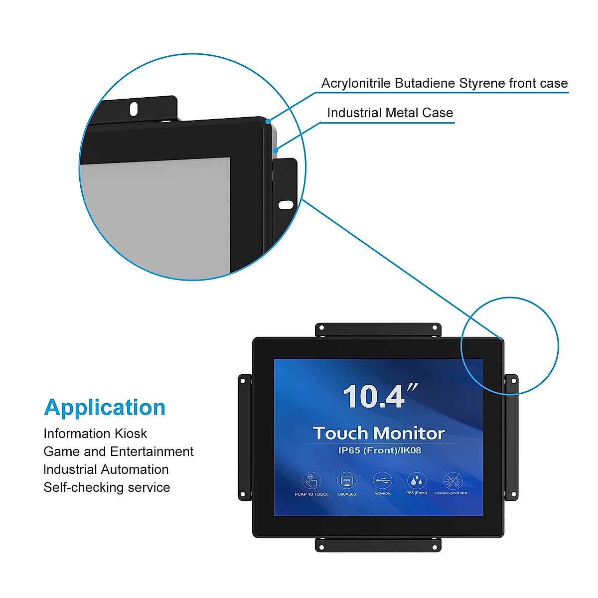 GreenTouch 10.4 inch 10 Points Front Waterproof Industrial Open Frame PCAP Touch Screen LCD Display Monitor 800x600 Black