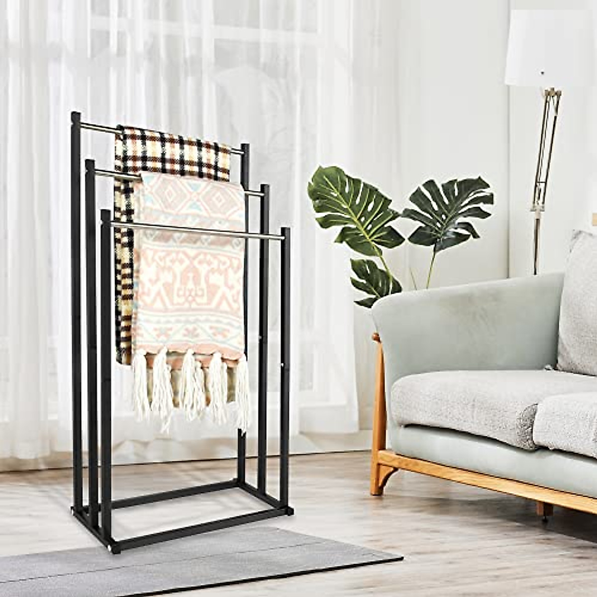 Towel Racks for Bathroom, Upgrade 3 Tier Stainless Steel Freestanding Towel Rack Stand for Bath Hand Towel, Next to Tub or Floor Shower Drying Holder, Blanket Rack, Chrome & Black, ALHAKIN