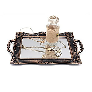 Tstarer Antique Decorative Gold Framed Square Mirror Tray, Jewelry & Cosmetics Organizer for Dresser, Square - 9.5" W x 14.5" L (Bronze)