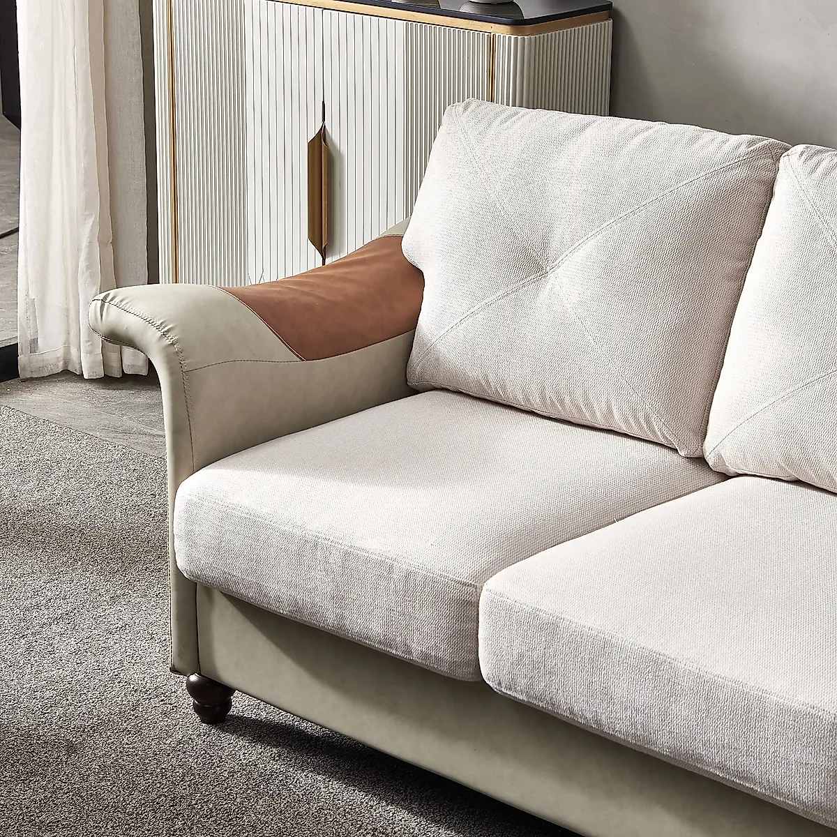 KoiHome Upholstered Loveseat Couch with Side Pockets and Storage Space Under Seat, 61.5" 2-Seater Linen Fabric Faux Leather Sofa Chaise with Curved Arms for Living Room,Bedroom,Office, Wood Leg, Beige