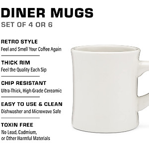 COLETTI Off White Coffee Mugs Set Of 6 – Diner Coffee Mug 11 oz – Mug Set, Stoneware Coffee Mugs, Coffee Cups Ceramic – Diner Coffee Mugs Heavy Retro Style – Dishwasher & Microwave Safe