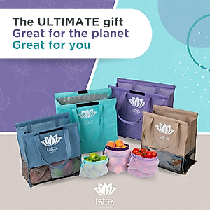 Lotus Trolley Bags -set of 4 -w/LRG COOLER Bag & Egg/Wine holder! Reusable Grocery Cart Bags sized for USA. Eco-friendly 4-Bag Grocery Tote. (Purple, Turquoise, Blue, Brown,)