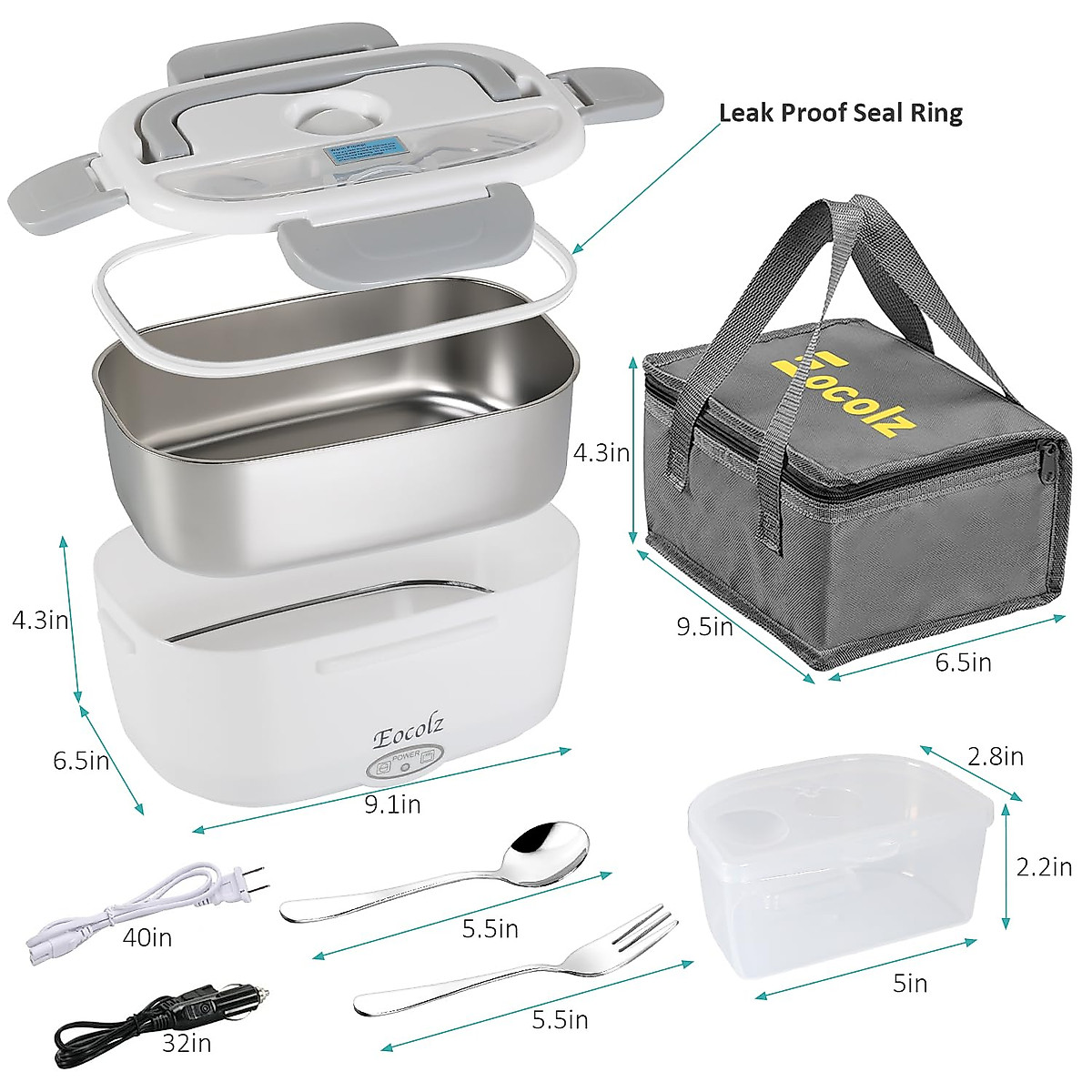 Eocolz Electric Lunch Box Food Heater Warmer 60W, 2 in 1 Portable Lunch Box for Car Truck Home Work Leak Proof with 1.5L Removable 304 Stainless Steel Container & Spoon 2 Compartments 110V 12V 24V