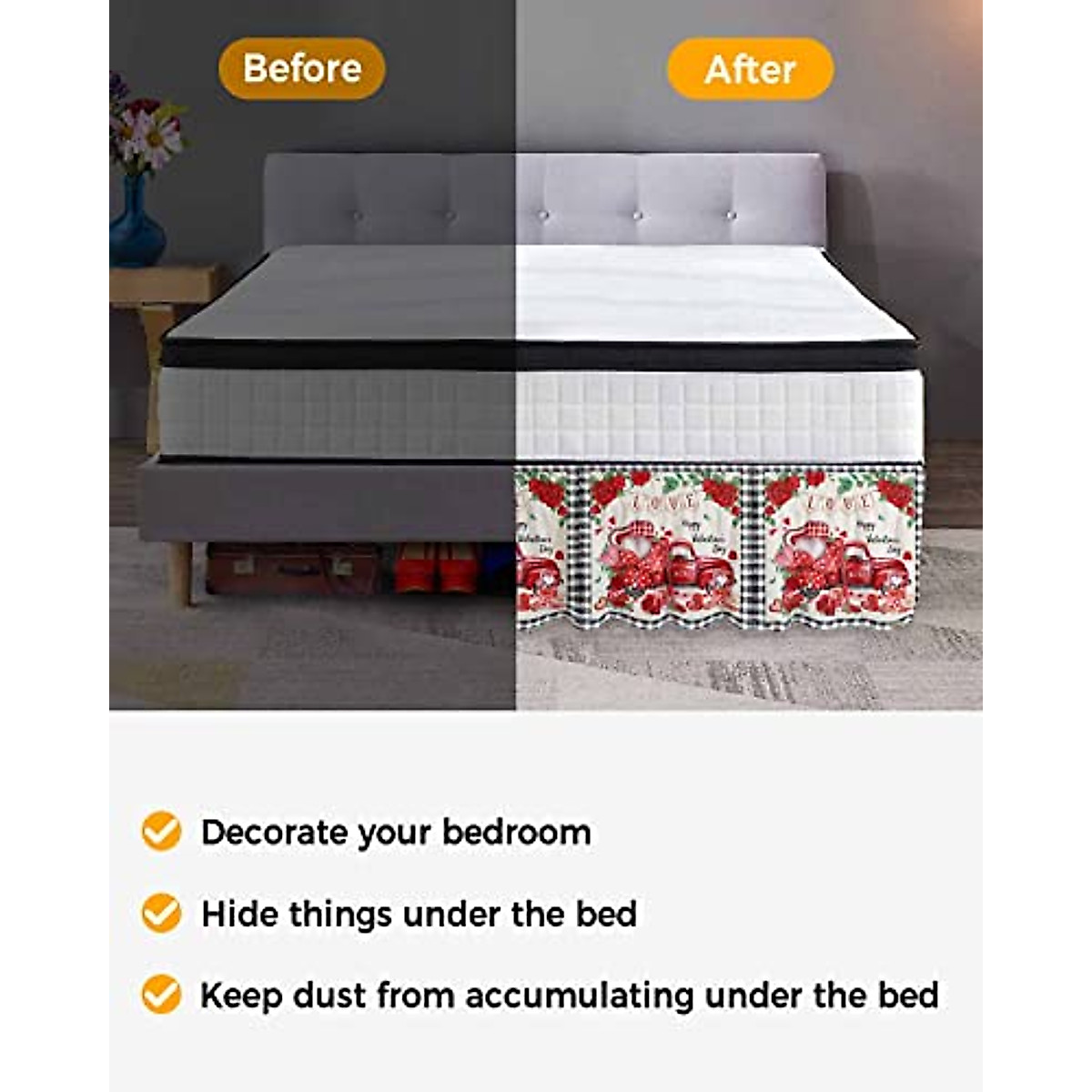 Valentine's Day Bed Skirt King Size 18 Inch Drop,Adjustable & Elastic Wrap Around Bed Skirts Pleated Dust Ruffles for Twin Full Queen Cal King Bed,Red Truck Spring Saint Rose Love Black Plaid Check