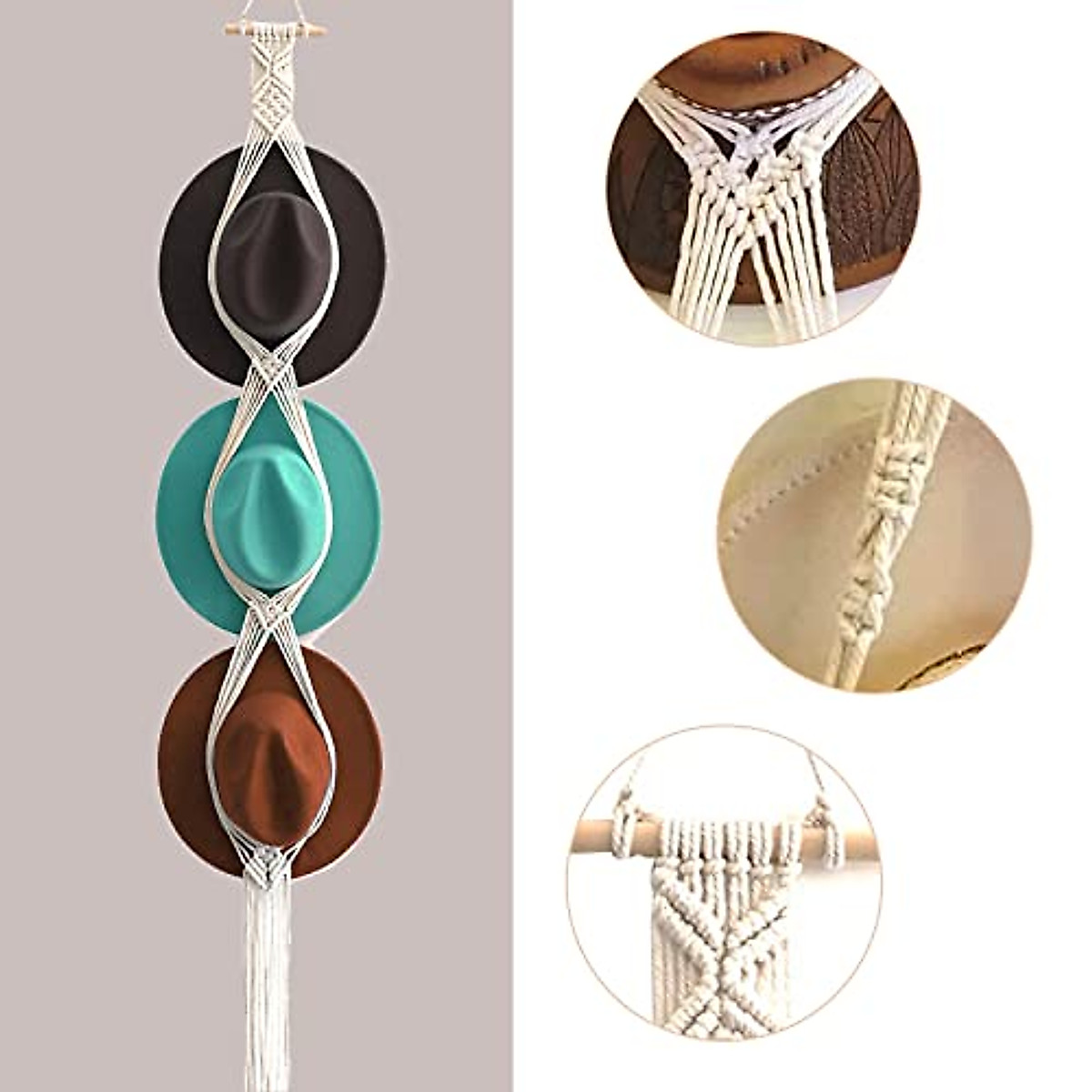 2Pcs Boho Hat Hangers, 5.74ft Macrame Hat Hangers Handmade Cotton Rope Woven Hat Hangers Bohemian Cap Holder Decorative Weaving Hanging Hat Organizer for Display Beach Hat Sun Hat Wide Brim Caps