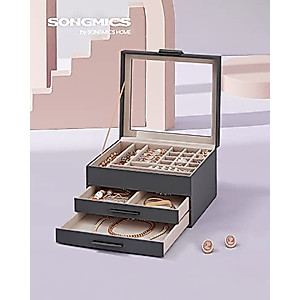 SONGMICS Jewelry Box with Glass Lid, 3-Layer Jewelry Organizer, 2 Drawers, for Big and Small Jewelry, Jewelry Storage, Modern Style, 8 x 9.1 x 5.3 Inches, Interstellar Gray and Silver UJBC239GY