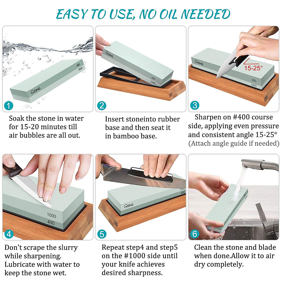 Sharpening Stone Whetstone Knife Sharpener, G-TING 400/1000 and 3000/8000 Grit Knife Sharpening Kit Wet Stone with Flattening Stone, Angle Guide, Non Slip Bamboo Base for Kitchen Knives, Pocket Knife