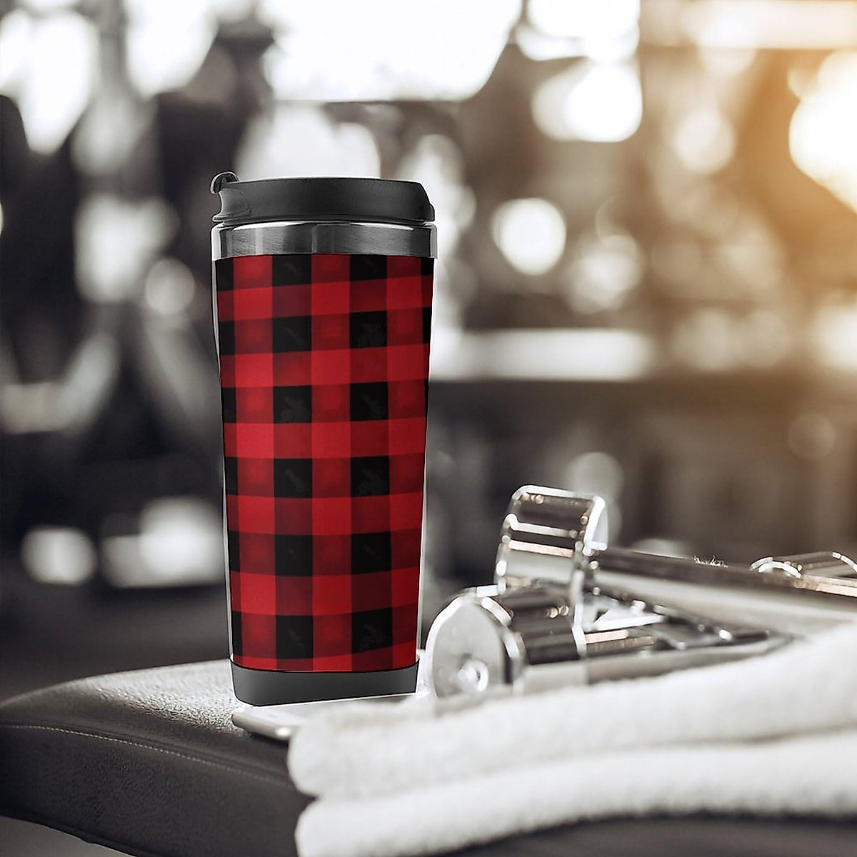 Red Black Buffalo Check Plaid Pattern Travel Coffee Mug 12.85oz Insulated Coffee Tumbler 304 Stainless Steel Thermos for Travel Fitness Outdoor Activities Coffee Shop Office Home