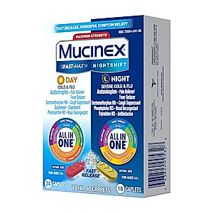 Mucinex Fast-Max Day Cold and Flu & Nightshift Night Severe Cold and Flu Medicine for Adults, Day/Night Combo Pack for Fever, Sore Throat Relief, Decongestant, Cough & Cold Medicines, 40 Caplets