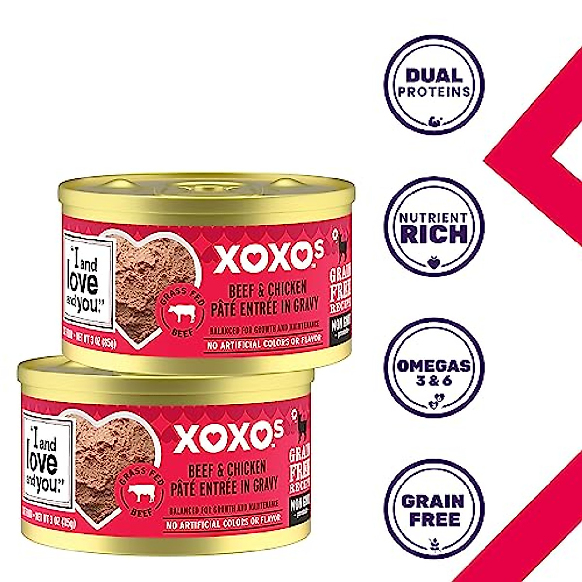 I AND LOVE AND YOU" XOXOs Canned Wet Cat Food, Beef and Tuna Pate, Grain Free, Real Meat, No Fillers, 3 oz Cans, (Pack of 24)