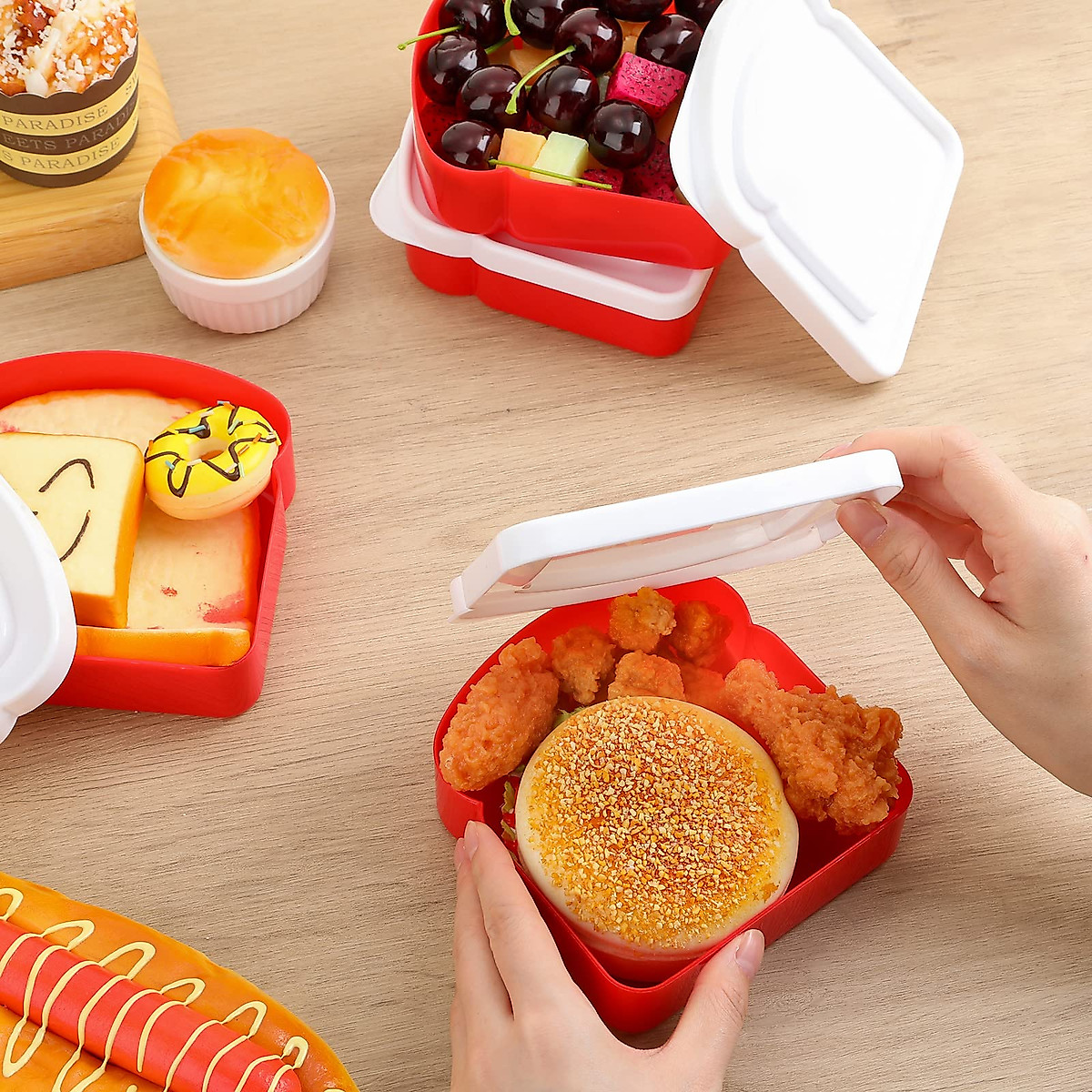 4 Pcs Sandwich Containers Sandwich Box for Lunch Toast Shape Food Storage Reusable Plastic Sandwich Holder Red White Kids or Adult Lunch Box for Bread Snack Meal Food Storage, 14 oz