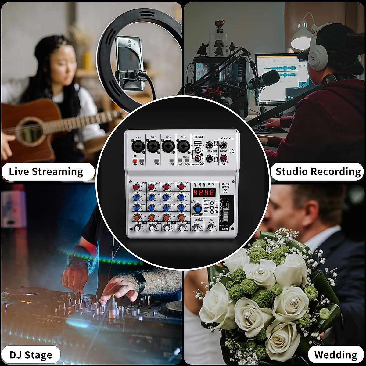 6-Channel Audio Mixer with 99 Sound Effects for PC,Portable Sound Mixing Console with Bluetooth USB Recording Input for Live Streaming,Podcasting,DJ Show