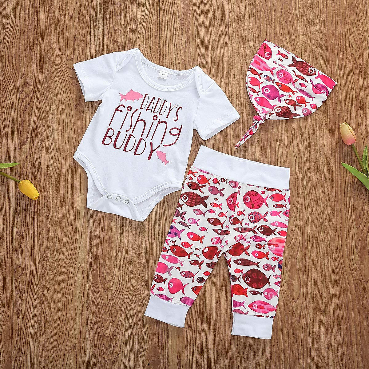 Mioliknya 3PCS Newborn Baby Girl Daddy's Fishing Buddy Short Sleeve Romper Bodysuit Floral Pants Leggings Hat Outfits (Rose Red, 0-3 Months)