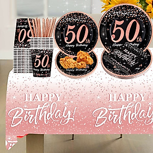 50th birthday decorations for women - (Total 121pcs) rose gold Birthday supplies Plates and Napkins, Cups, Straws, tablecloth, Disposable Tableware for 24 Guests
