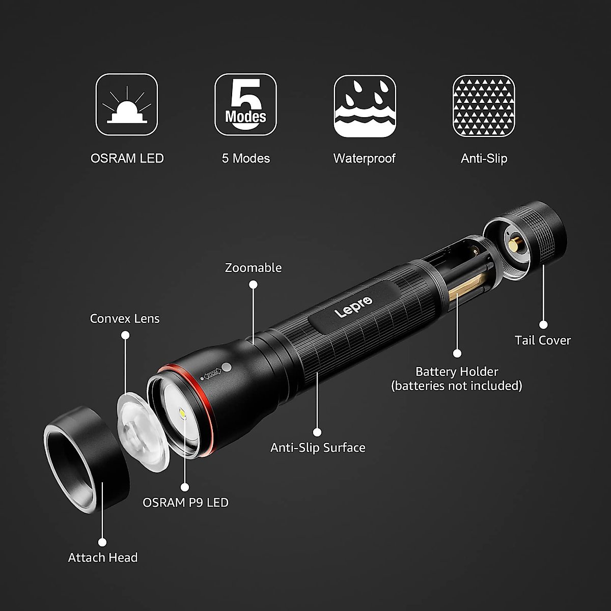 Lepro LED Tactical Flashlight, LE3000 High Lumen Streamlight Torch, 5 Lighting Modes, Zoomable, Water Resistant, Adopted by Osram P9 LED, Powered by AA Battery, for Camping, Running, Emergency