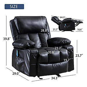 Modern Recliner Chairs for Adults with Massage and Heat,Rocker Single Sofa with 2 Cup Holder and Side Pocket for Seniors,USB Port 5 Modes Adjustable (Black)