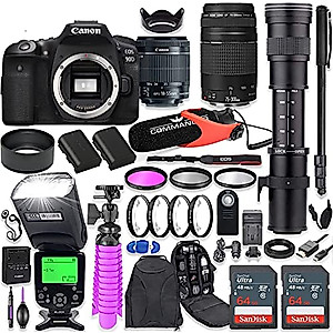 Canon EOS 90D DSLR Camera Kit with Canon 18-55mm & 75-300mm Lenses + 420-800mm Telephoto Zoom Lens + TTL Flash (Upto 180 Ft) + Commander Microphone + 128GB Memory + Accessory Bundle (Renewed)