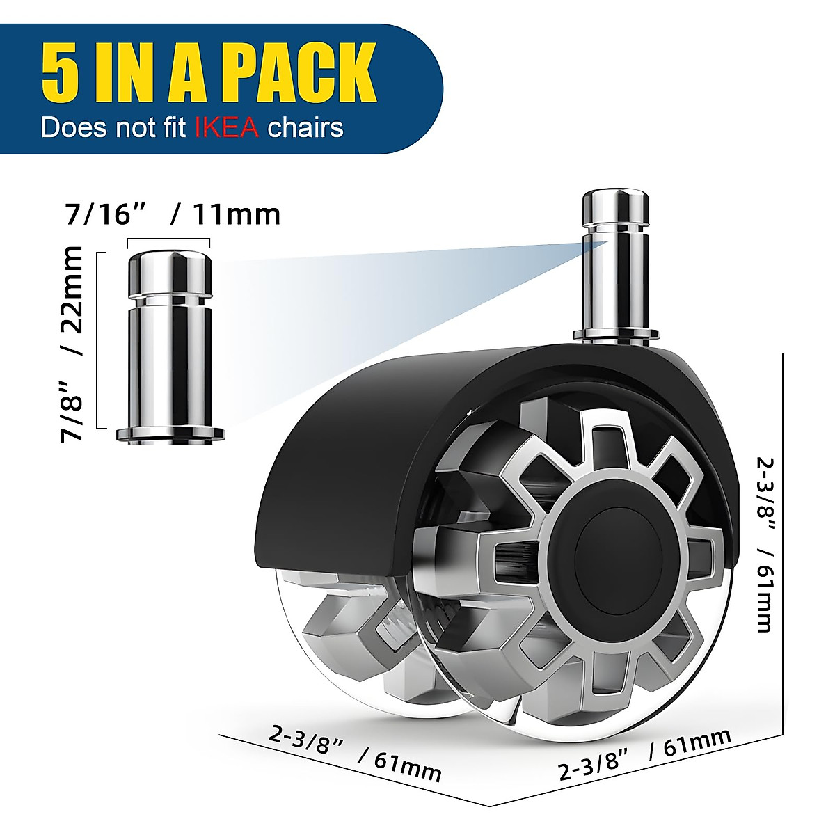 Office Chair Wheels Replacement-Heavy Duty Rubber Wheels for Office Chair(2200Lbs)-2''Universal Size Office Chair Casters,Smooth & Safe Rolling for All Floors Including Hardwood and Carpet(Set of 5)
