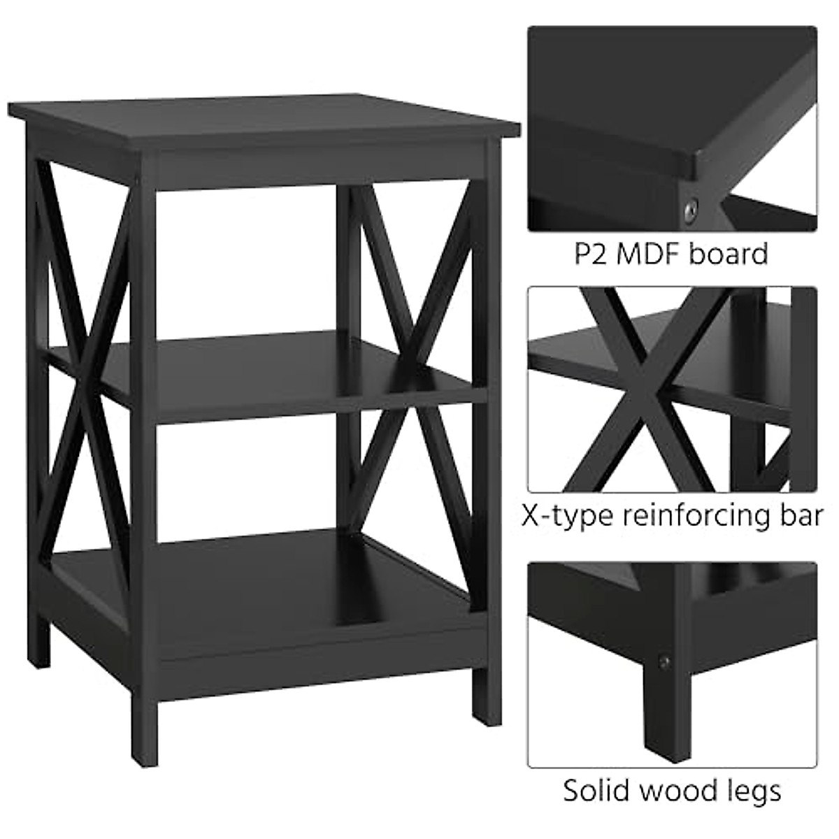 Yaheetech Black End Table Set of 2, 16x16x24 in Sturdy 3-Tier Side Tables with Storage Shelf & Solid Wood Legs, 2Pcs X-Design Modern Sofa Side Table for Living Room Office, Easy Assembly