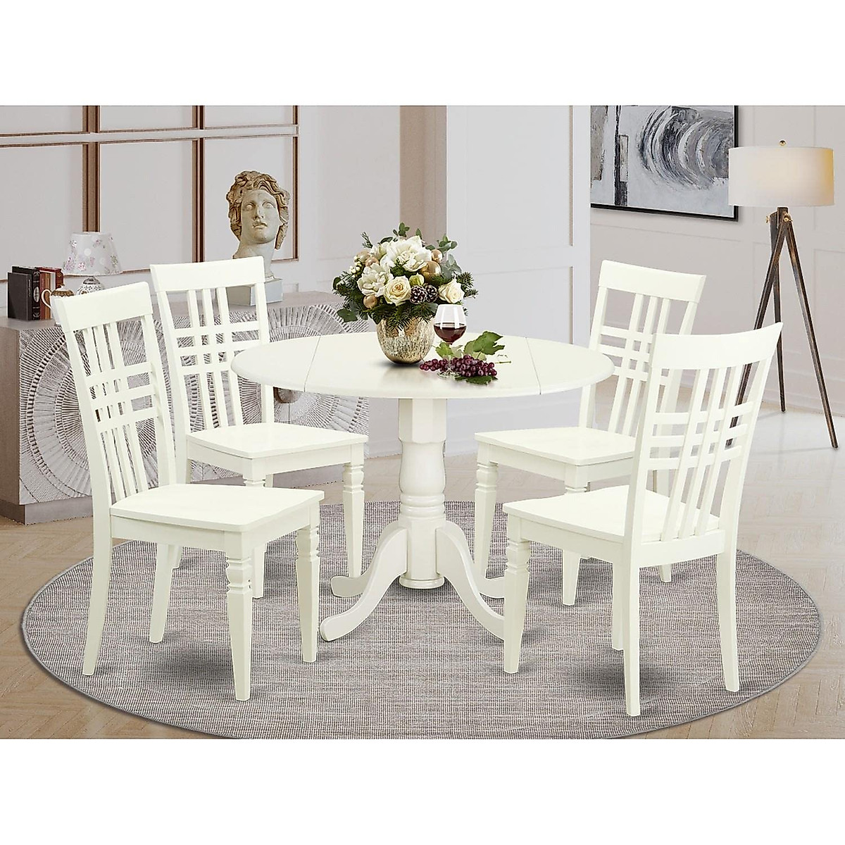 East West Furniture DLLG5-LWH-W 5 Piece Dining Room Furniture Set Includes a Round Dining Table with Dropleaf and 4 Wood Seat Chairs, 42x42 Inch, Linen White