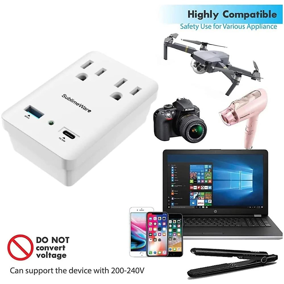 2000 W Travel Adapter Kit w/ 2 USB Ports & Outlets - International Power Adapter Plug Europe US UK Adaptor - 220-110V Adapter - Smart 2.4 A USB Electrical Charger Dual Voltage Device Sublimeware