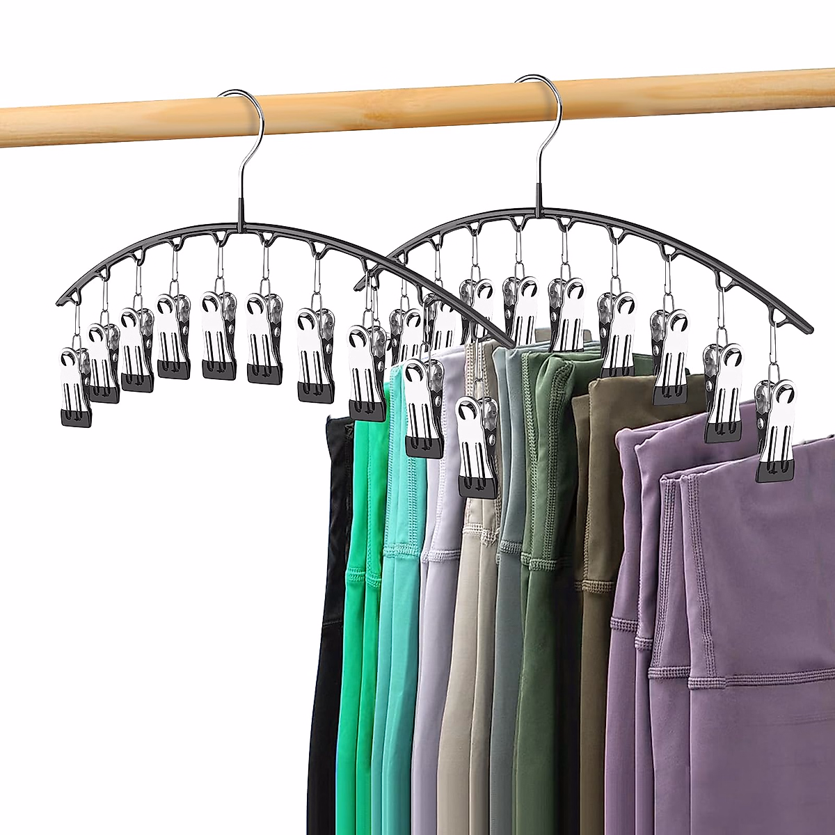 2 Pack Skirt Pants Hangers with Clips Space Saving, Legging Organizer for Closet Hanging with 10 Clips Hold 20 Leggings Shorts Jeans Skirts, Black
