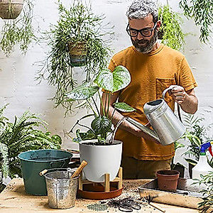 T4U 7 Inch Self Watering Planter with Bamboo Stand Set of 2, Plastic White Flower Pot for Indoor Herb Plant, Aloe, African Violet, Nursery Seedling Pot Round, Modern Decor for Home, Garden, Office