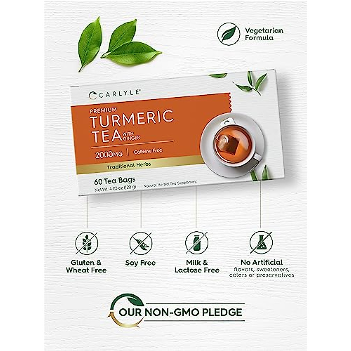 Turmeric Tea with Ginger | 60 Tea Bags | Caffeine Free | Non-GMO & Gluten Free Herbal Tea Supplement | by Carlyle