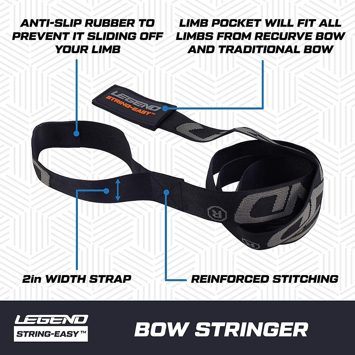 Legend String-Easy Bow Stringer - Archery Stringer for Longbows & Recurve Bows - Limb Tool with High Density, Durable Nylon - Non-Slip, Anti-Twist Bow String Tool - Bow Destringer Accessories - Black
