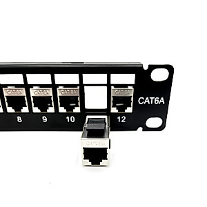 ETS 12 Port Patch Panel Cat6A Inline Keystone, Feedthrough Coupler Patch Panel 10-Inch with Cable Support, Fully Loaded Pass Through Jacks, 1U Network Patch Panel Compatible Cat7, Cat6, Cat6A, Cat5e