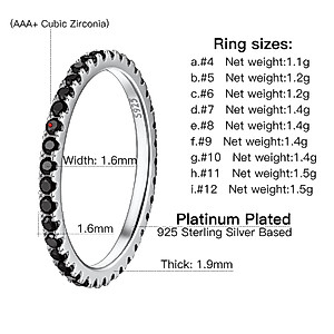 Suplight 925 Sterling Silver Rings 2MM Black Cubic Zirconia Eternity Rings 2MM Wedding Band for Women Size 9