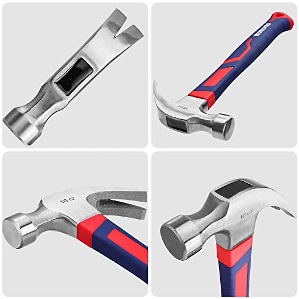 WORKPRO 2 Piece Claw Hammer Set, 8 oz Mini Stubby Claw Hammer&16 oz Fiberglass General Purpose Claw Hammer, Soft Nonslip Handle & Heat Treated Head