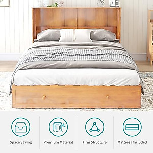 BALUS Cabinet Bed with Queen Size Mattress, Modern Murphy Bed with USB Charging Station, Foldable Tray Tables, Storage Drawer - Cherry Red