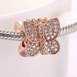 ARTCHARM Rose Gold Sparkling Butterfly with Australian Crystals Charm 925 Sterling Silver Bead for European Compatible Brand Bracelet