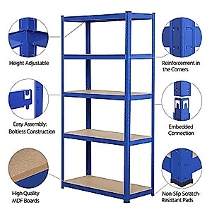 Vandise 5-Shelf Shelving Unit with MDF Boards, Adjustable Steel Shelve, 59H x 28W x 12D inch, 386lbs Loading Capacity per Shelf, Shelving Units and Storage for Kitchen and Garage (Blue)