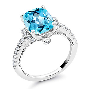 Gem Stone King 4.00 Cttw Swiss Blue Topaz and White Created Sapphire Engagement Ring For Women Set In 925 Sterling Silver | 10X8MM Cushion Cut | Available in size 5, 6, 7, 8, 9