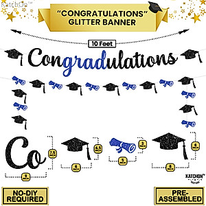 KatchOn, Glitter Congratulations Banner - 10 Feet | Pre- Strung Congrats Grad Banner | Black and Blue Graduation Decorations Class of 2024 | Graduation Cap Garland for Congratulations Decorations
